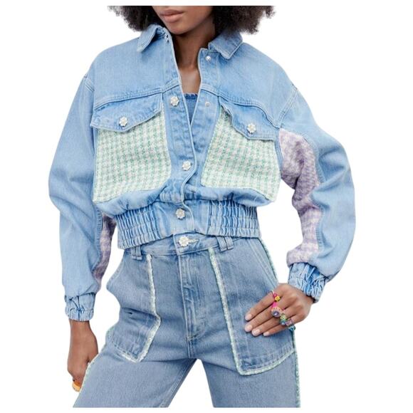 Zara | Jackets & Coats | Zara Contrast Denim Jacket Pastel Pearl Flower ...